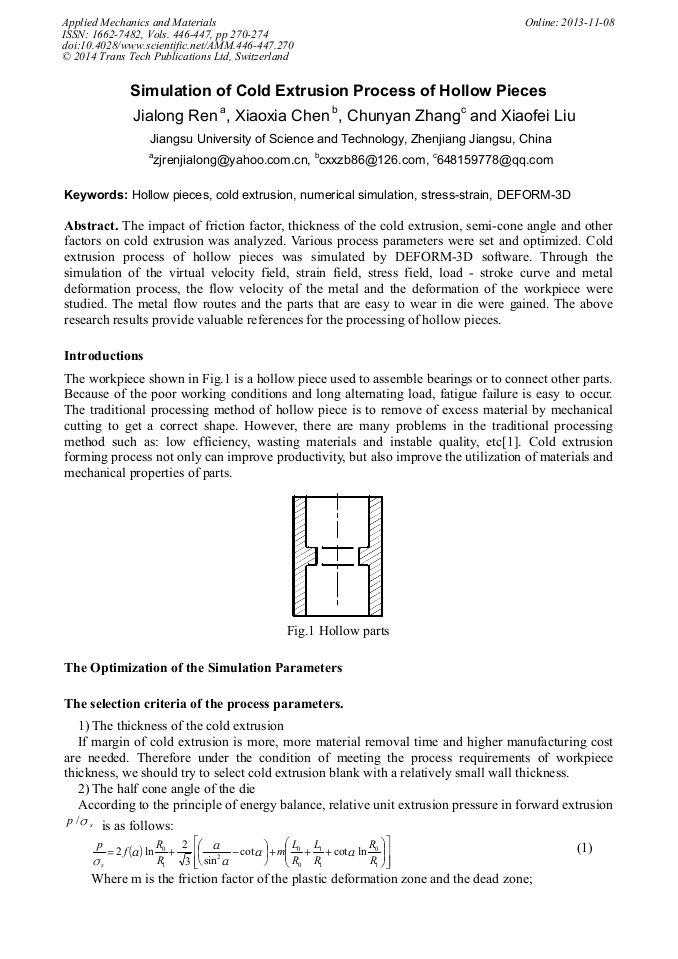 Simulation of Cold Extrusion Process of Hollow Pieces | Scientific.Net