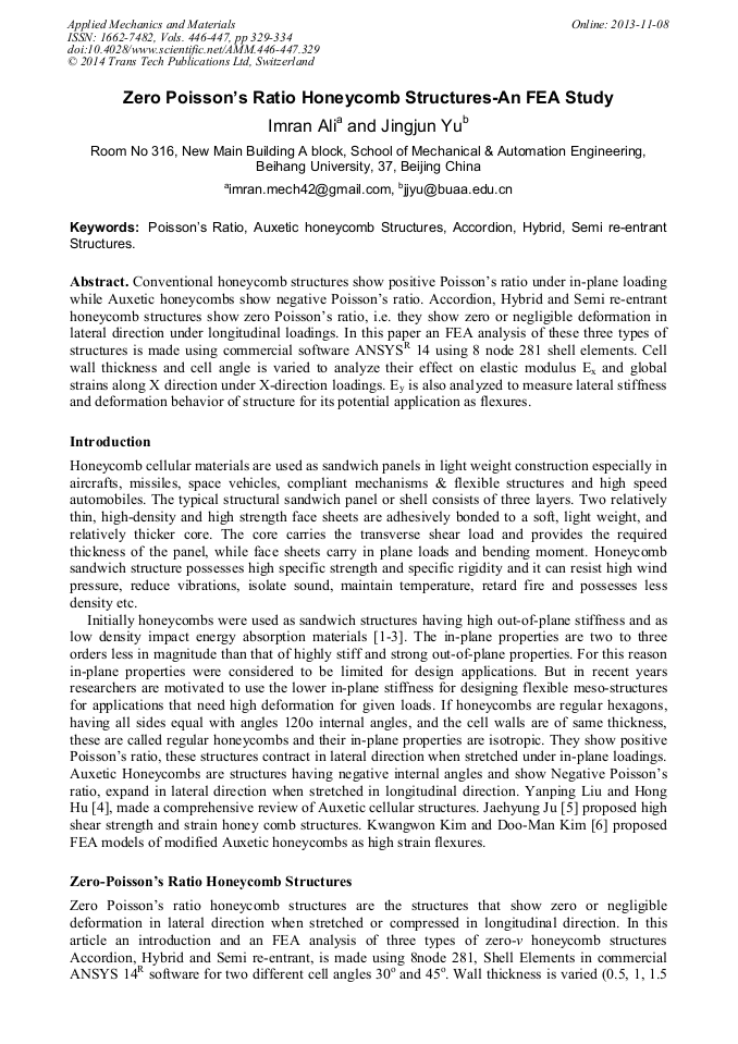 Zero Poisson’s Ratio Honeycomb Structures-An FEA Study | Scientific.Net
