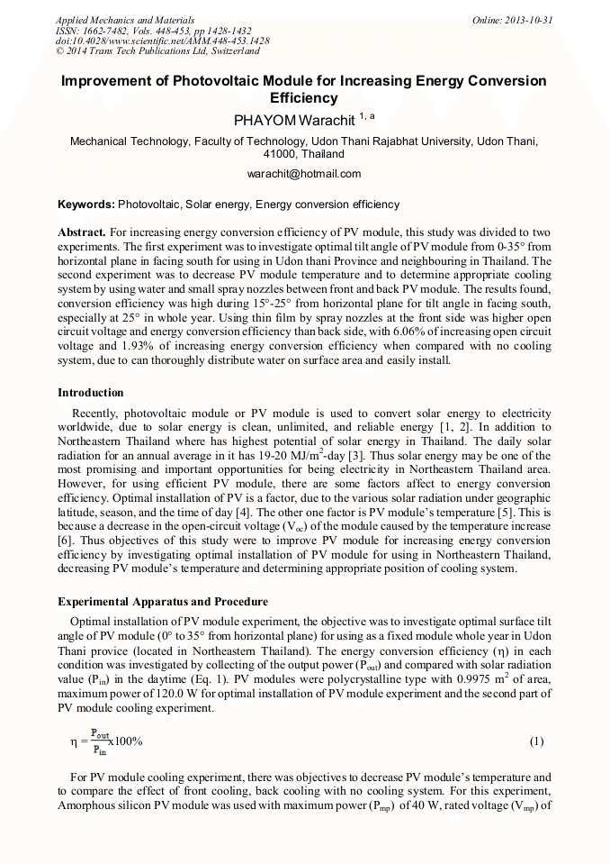 Improvement of Photovoltaic Module for Increasing Energy Conversion ...