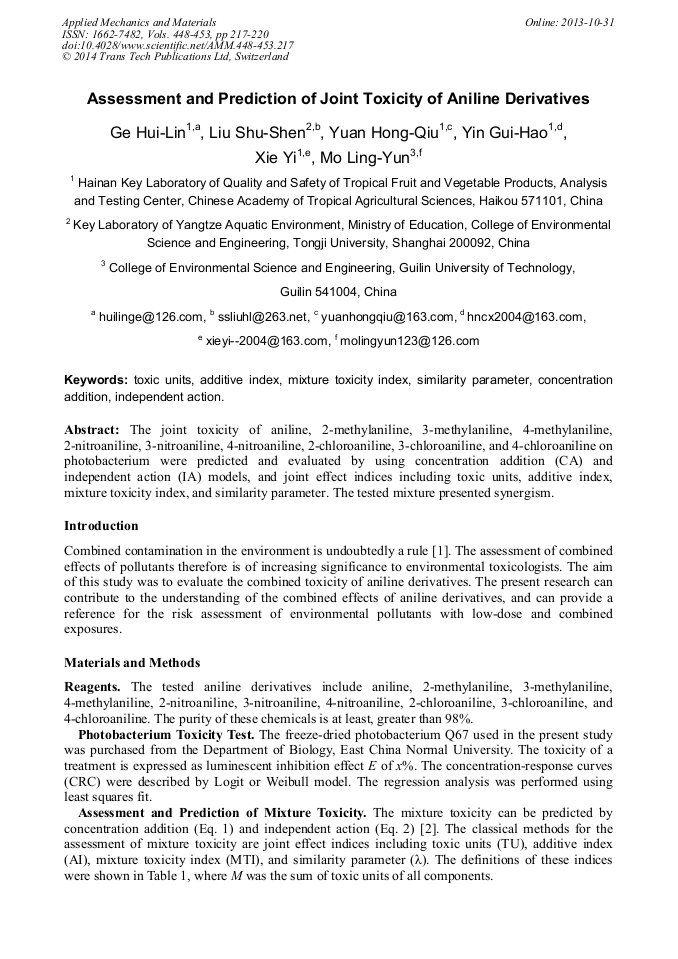 Assessment and Prediction of Joint Toxicity of Aniline Derivatives ...