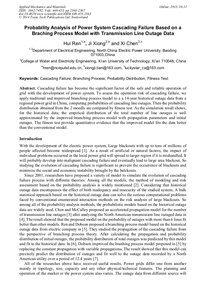 Probability Analysis of Power System Cascading Failure Based on a ...