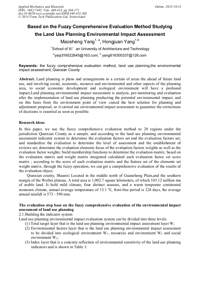 Based on the Fuzzy Comprehensive Evaluation Method Studying the Land ...