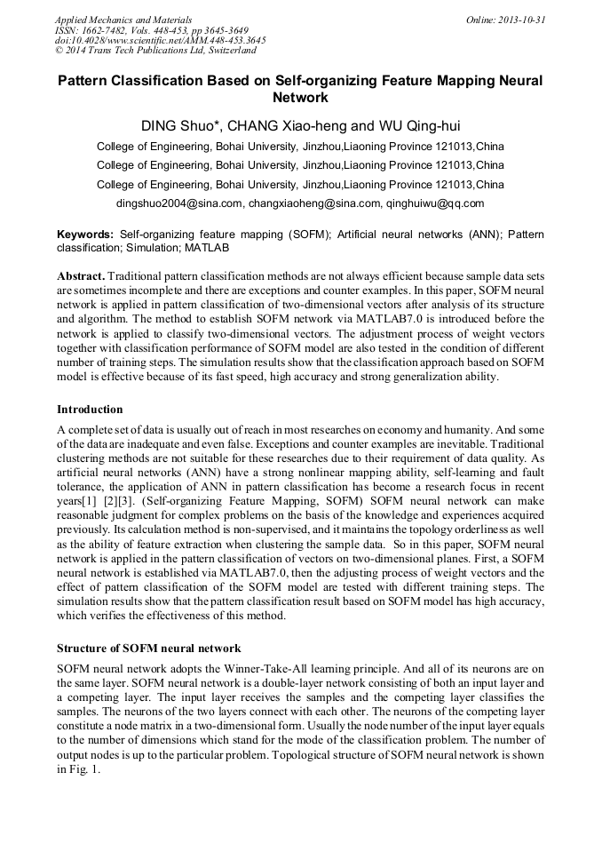 Pattern Classification Based on Self-Organizing Feature Mapping Neural Network | Scientific.Net