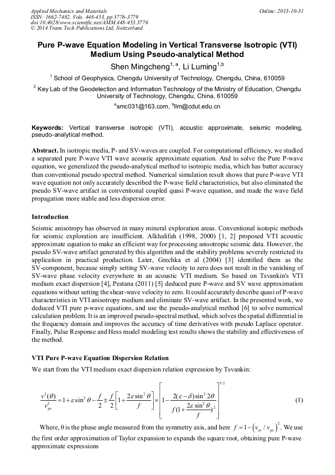 Pure P-Wave Equation Modeling in Vertical Transverse Isotropic (VTI) Medium Using Pseudo ...