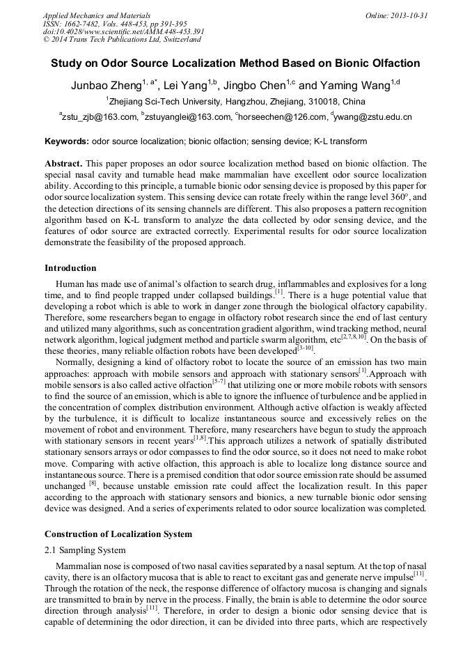 Study on Odor Source Localization Method Based on Bionic Olfaction | Scientific.Net