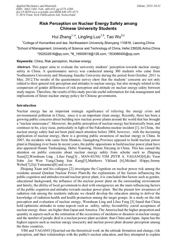 Risk Perception on Nuclear Energy Safety among Chinese University ...