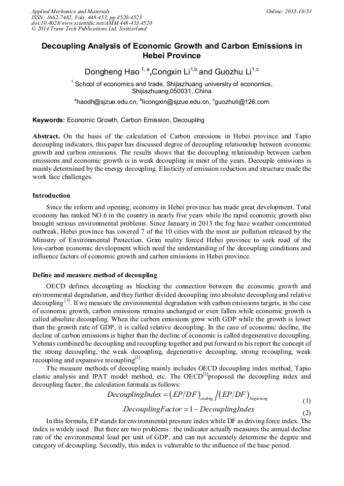 Decoupling Analysis of Economic Growth and Carbon Emissions in Hebei ...