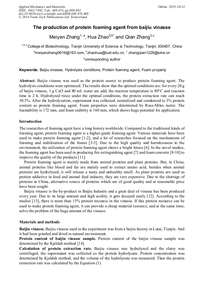 The Production of Protein Foaming Agent from Baijiu Vinasse ...