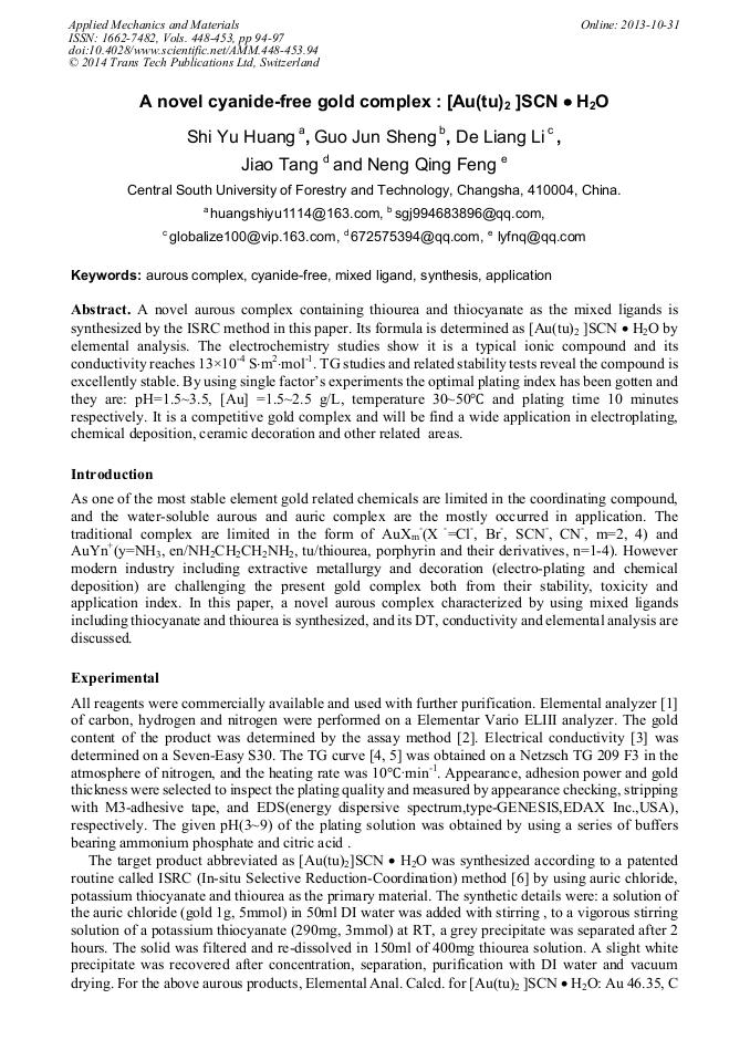 A Novel Cyanide-Free Gold Complex: [Au(tu)2 ]SCN H2O | Scientific.Net