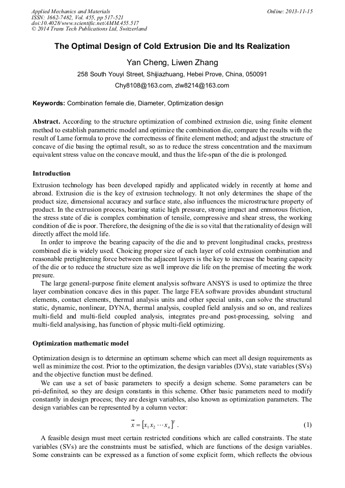 The Optimal Design of Cold Extrusion Die and its Realization ...
