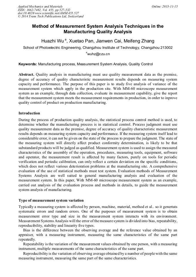 Method of Measurement System Analysis Techniques in the Manufacturing ...