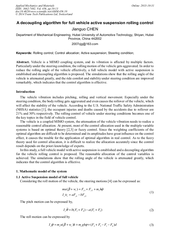 A Decoupling Algorithm for Full Vehicle Active Suspension Rolling ...