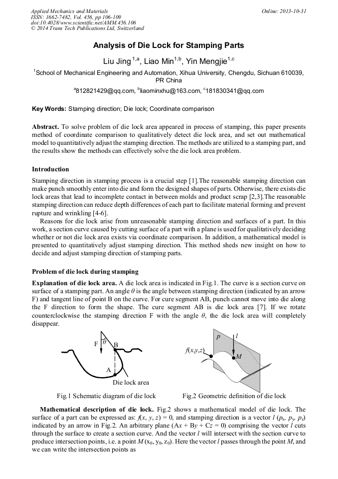 Analysis of Die Lock for Stamping Parts | Scientific.Net