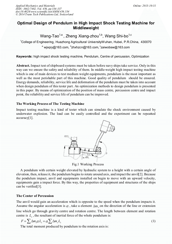 Optimal Design of Pendulum in High Impact Shock Testing Machine for ...