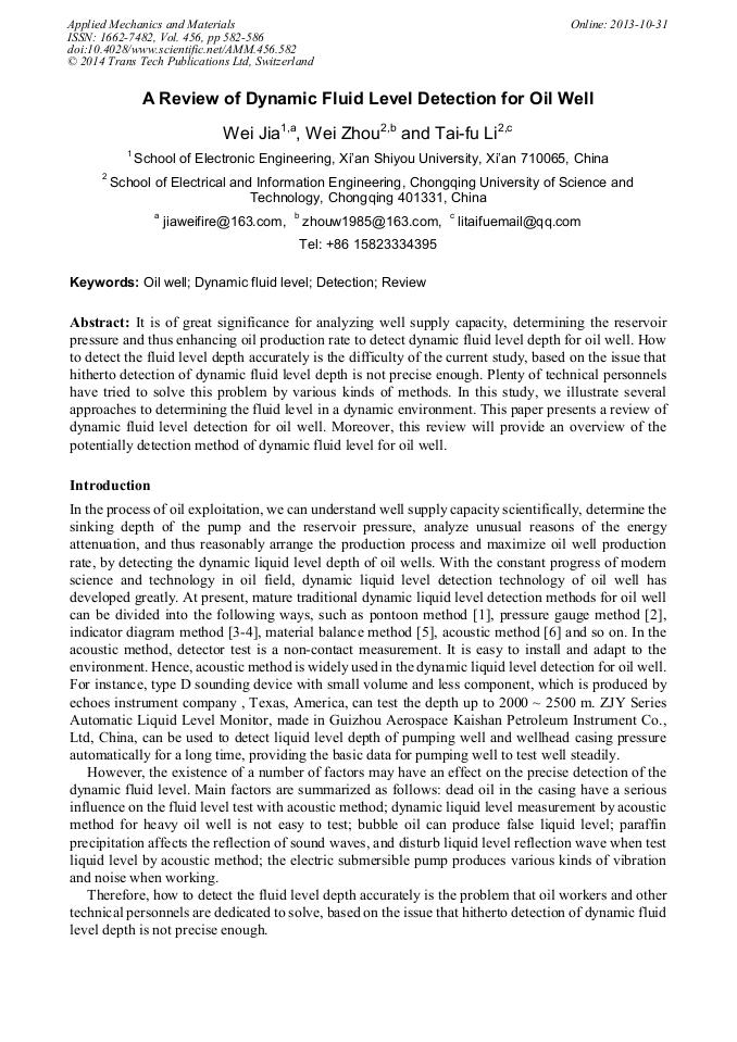 A Review of Dynamic Fluid Level Detection for Oil Well | Scientific.Net