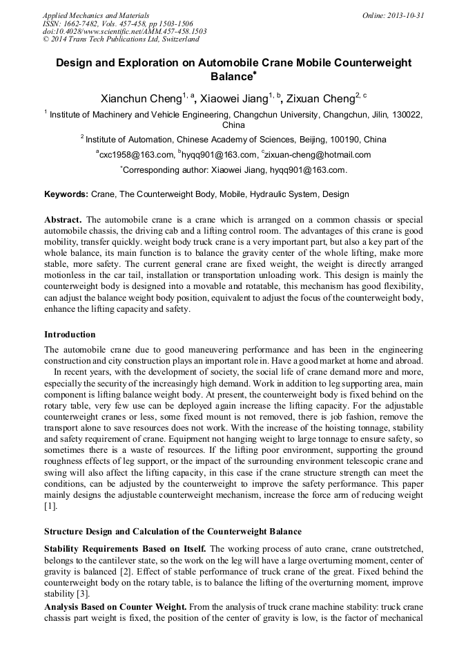 Design and Exploration on Automobile Crane Mobile Counterweight Balance ...