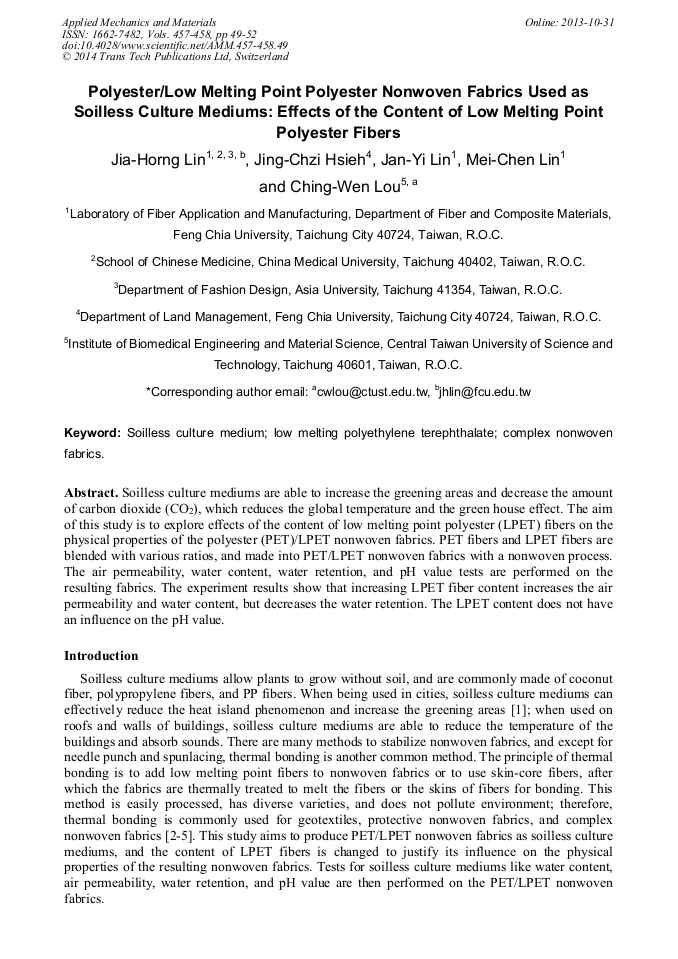 Polyester/Low Melting Point Polyester Nonwoven Fabrics Used as Soilless ...