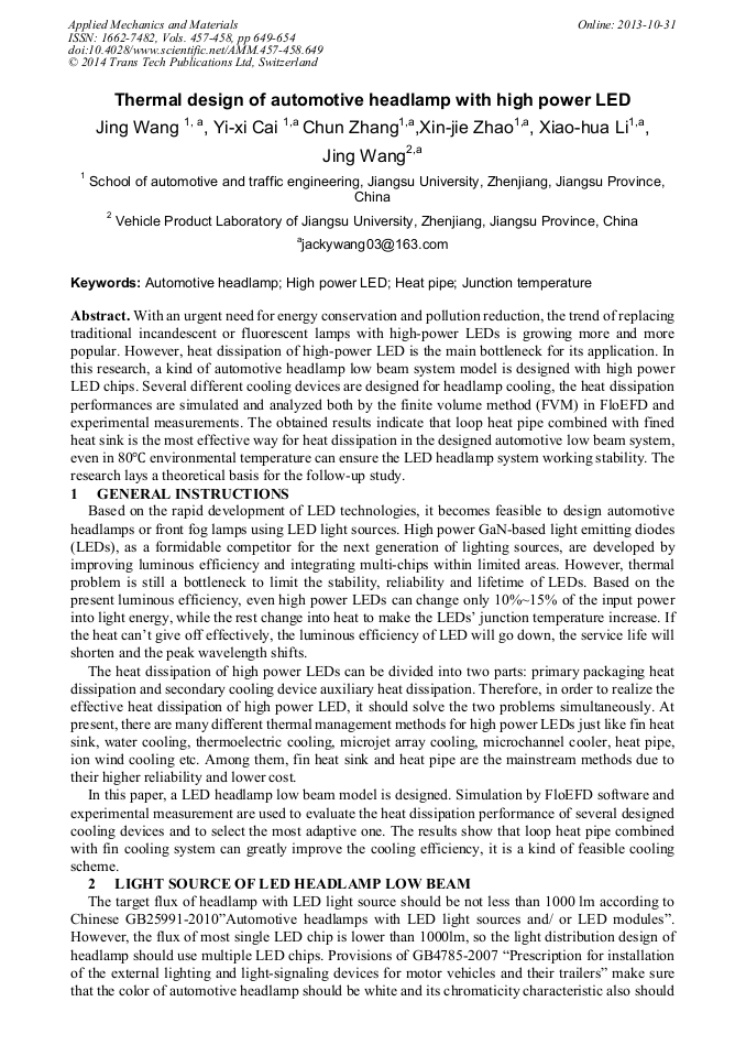 Thermal Design of Automotive Headlamp with High Power LED | Scientific.Net