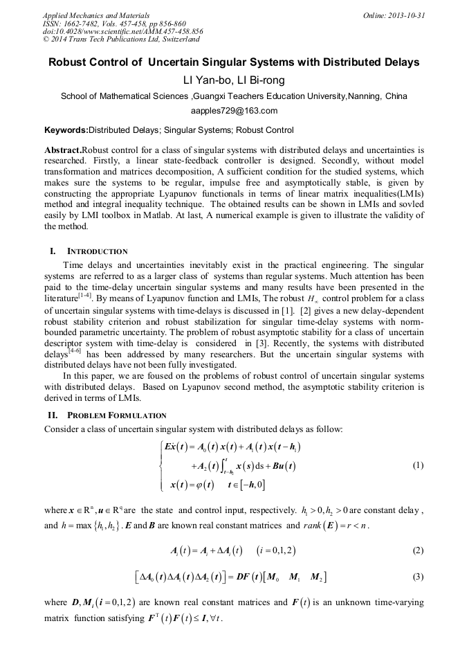 Robust Control of Uncertain Singular Systems with Distributed Delays | Scientific.Net