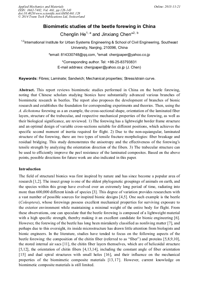 Biomimetic Studies of the Beetle Forewing in China | Scientific.Net