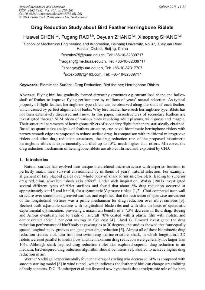 Drag Reduction Study about Bird Feather Herringbone Riblets ...