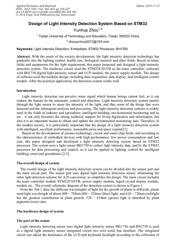 Design of Light Intensity Detection System Based on STM32 | Scientific.Net
