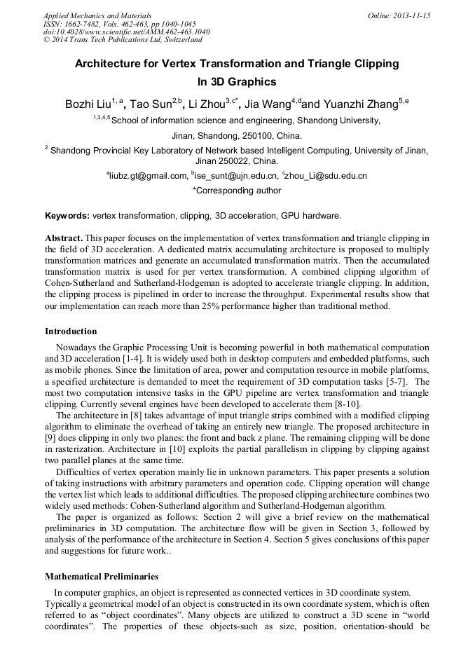 Architecture for Vertex Transformation and Triangle Clipping in 3D ...