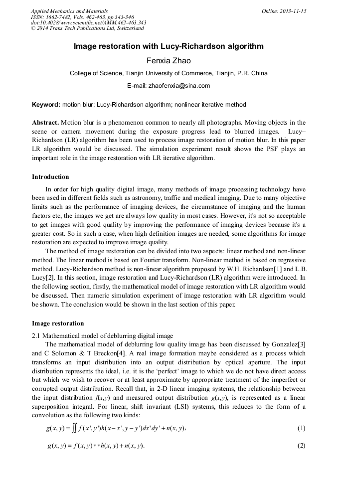 Image Restoration with Lucy-Richardson Algorithm | Scientific.Net