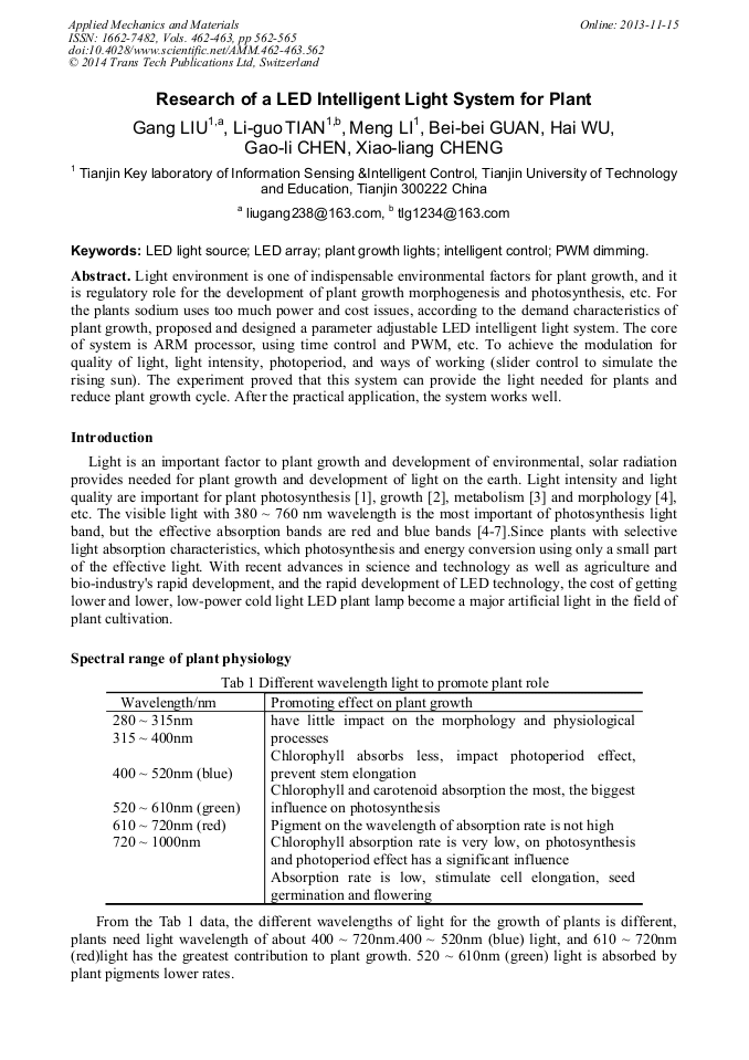 Research of a LED Intelligent Light System for Plant | Scientific.Net