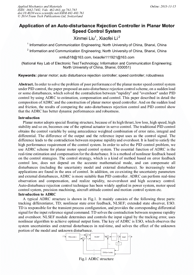Application of an Auto-Disturbance Rejection Controller in Planar Motor Speed Control System ...