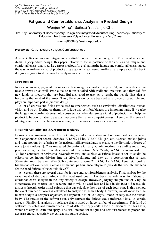 Fatigue and Comfortableness Analysis in Product Design | Scientific.Net