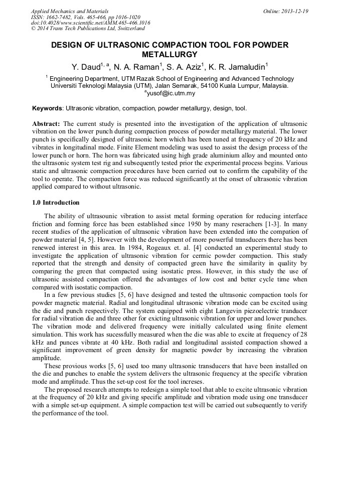 Design of Ultrasonic Compaction Tool for Powder Metallurgy | Scientific.Net