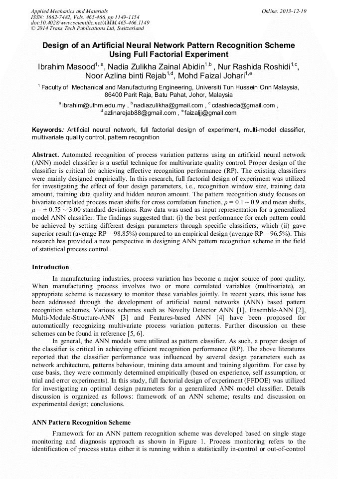 Design of an Artificial Neural Network Pattern Recognition Scheme Using Full Factorial ...