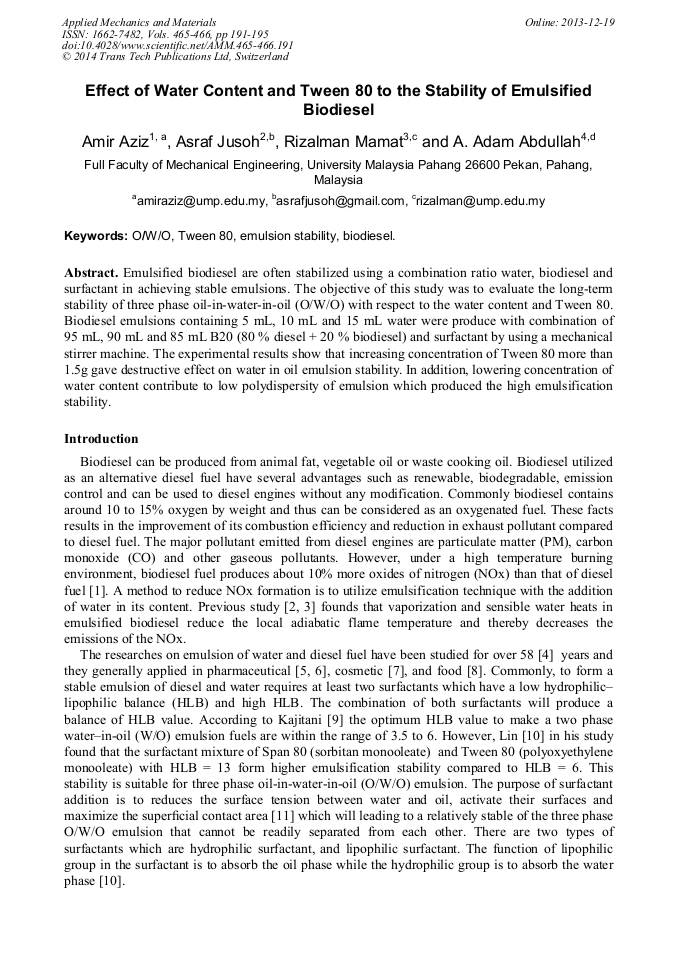 Effect of Water Content and Tween 80 to the Stability of Emulsified ...