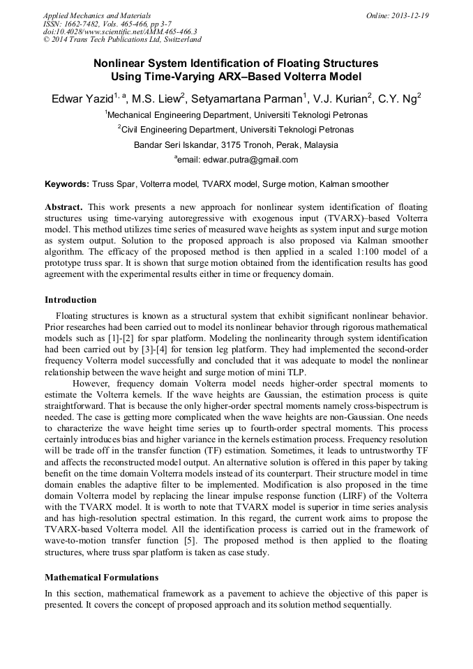 Nonlinear System Identification of Floating Structures Using Time-Varying ARX-Based Volterra ...