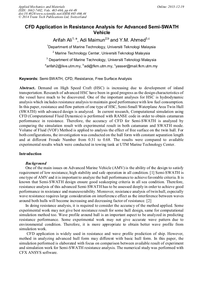 CFD Application in Resistance Analysis for Advanced Semi-SWATH Vehicle ...