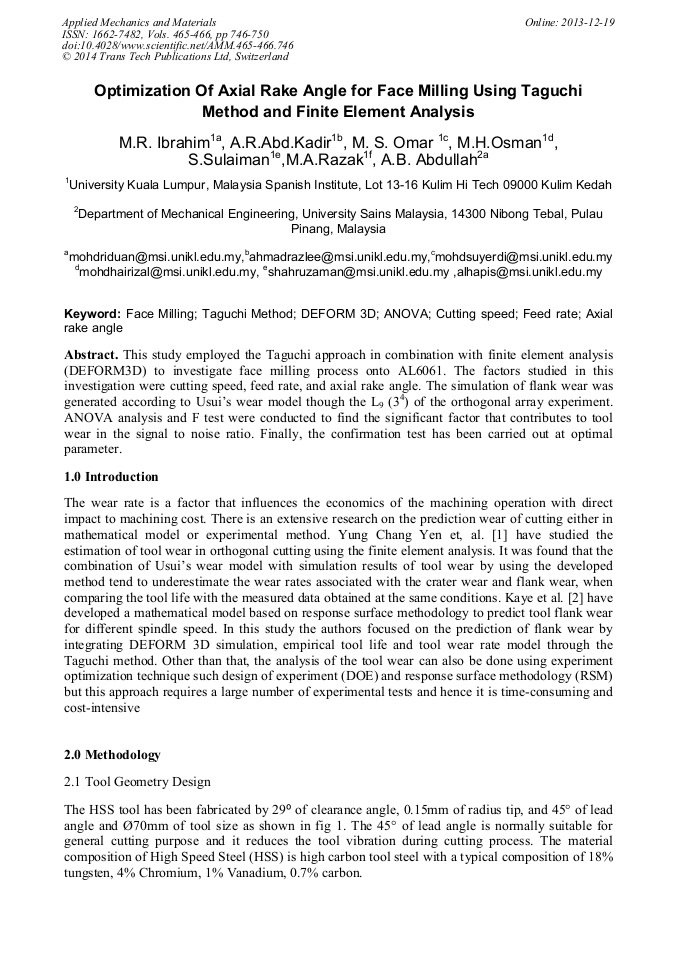 Optimization of Axial Rake Angle for Face Milling Using Taguchi Method ...
