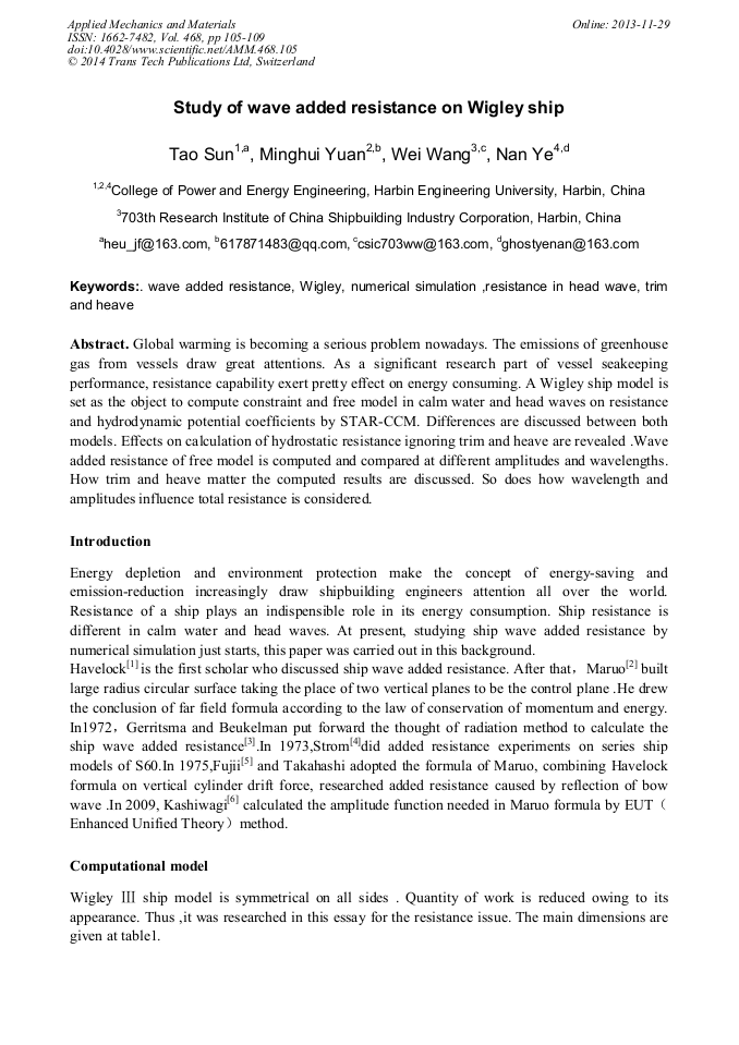 Study of Wave Added Resistance on Wigley Ship | Scientific.Net
