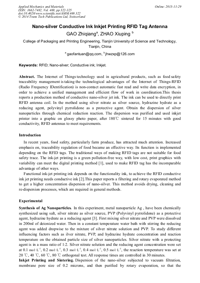 Nanosilver Conductive Ink Inkjet Printing RFID Tag Antenna | Scientific.Net