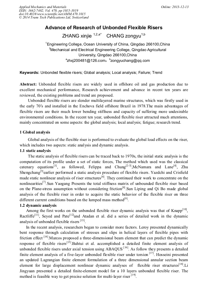 Advance of Research of Unbonded Flexible Risers | Scientific.Net