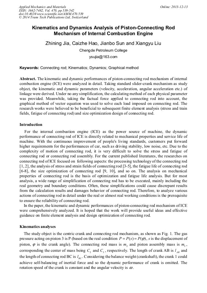 Kinematics and Dynamics Analysis of Piston-Connecting Rod Mechanism of ...