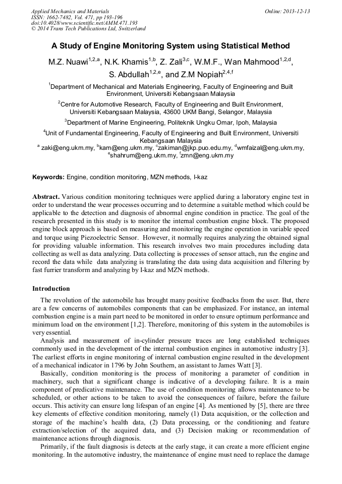 A Study of Engine Monitoring System Using Statistical Method ...