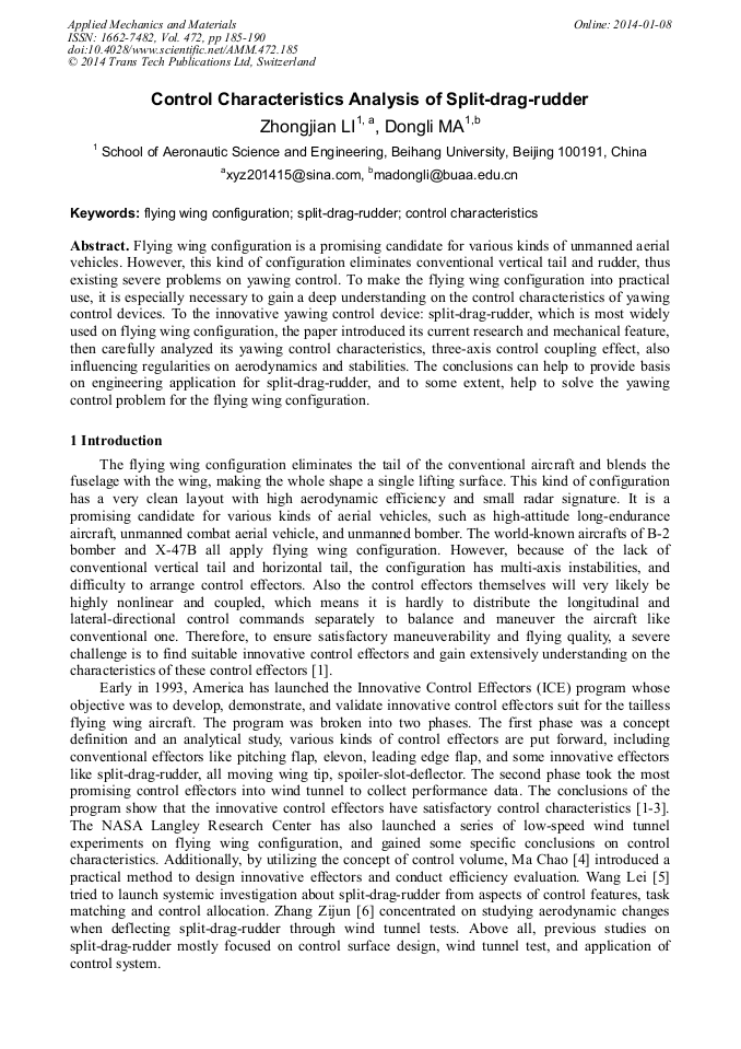 Control Characteristics Analysis of Split-Drag-Rudder | Scientific.Net