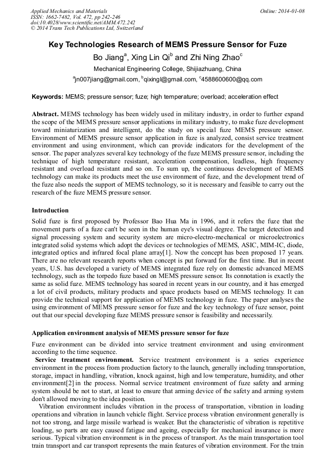 Key Technologies Research of MEMS Pressure Sensor for Fuze | Scientific.Net