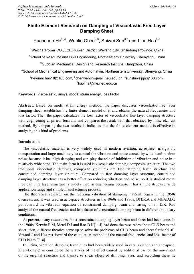 Finite Element Research on Damping of Viscoelastic Free Layer Damping ...