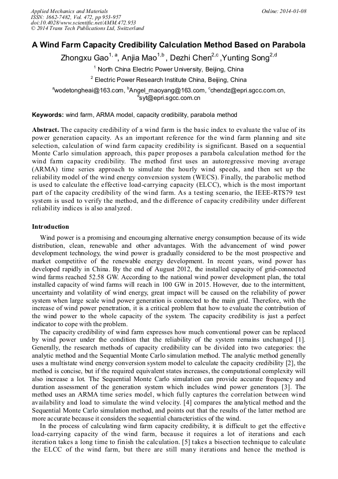 A Wind Farm Capacity Credibility Calculation Method Based on Parabola ...