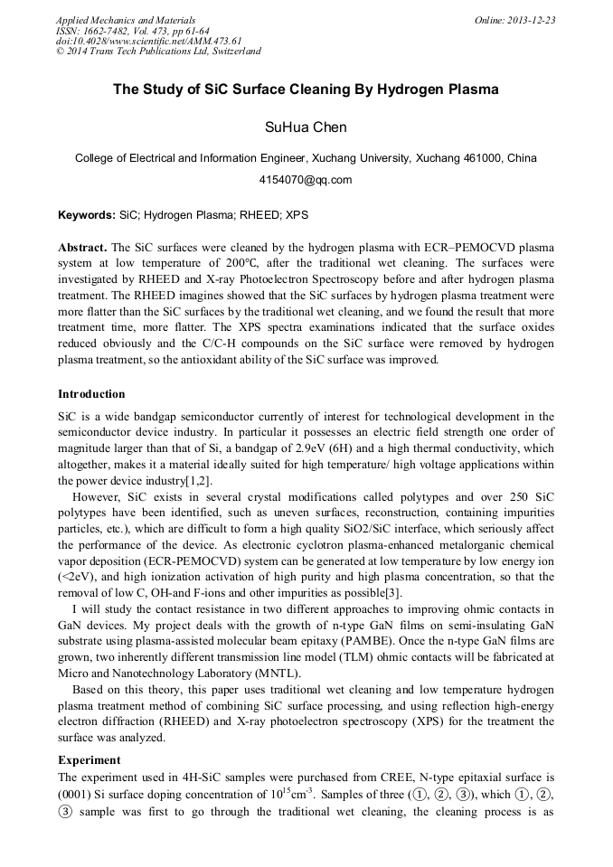 The Study of SiC Surface Cleaning by Hydrogen Plasma | Scientific.Net