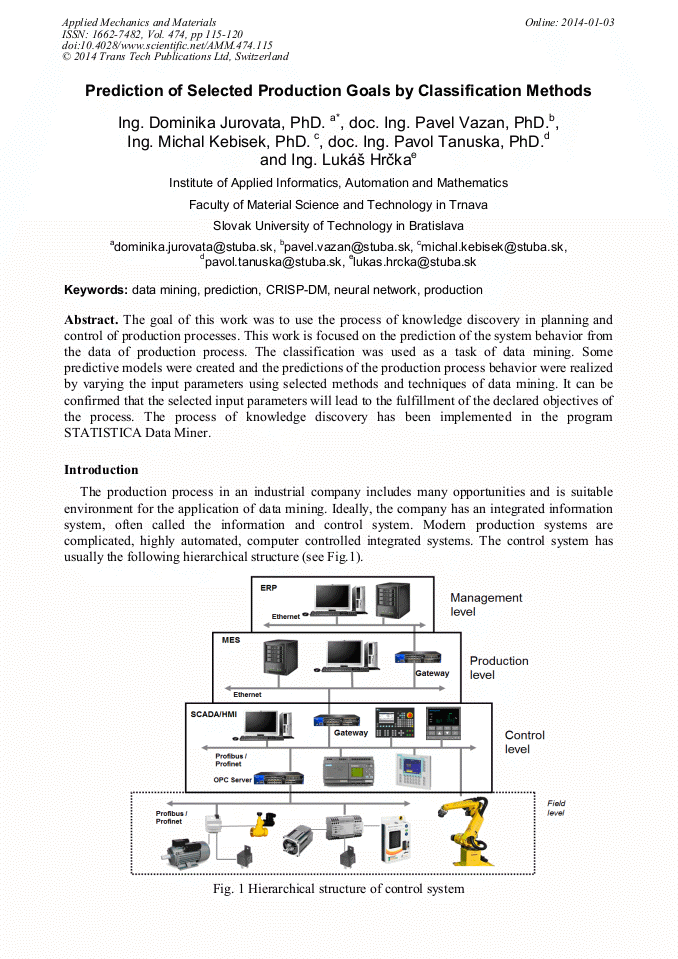 Prediction of Selected Production Goals by Classification Methods ...