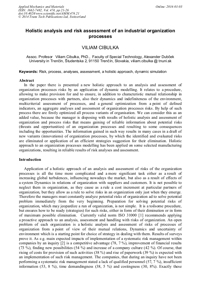Holistic Analysis and Risk Assessment of an Industrial Organization ...