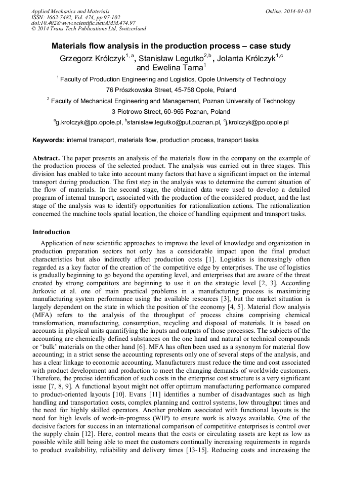 Materials Flow Analysis in the Production Process - Case Study ...
